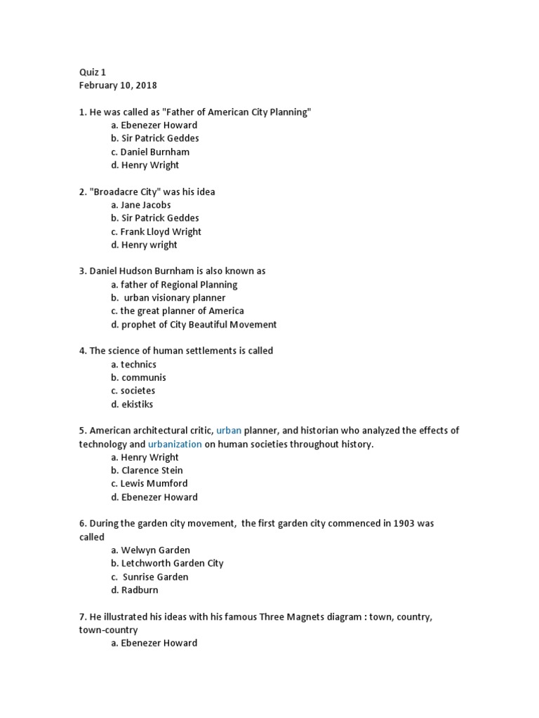 Quiz 1 Feb 10 | PDF | Urban Planning | Urbanization