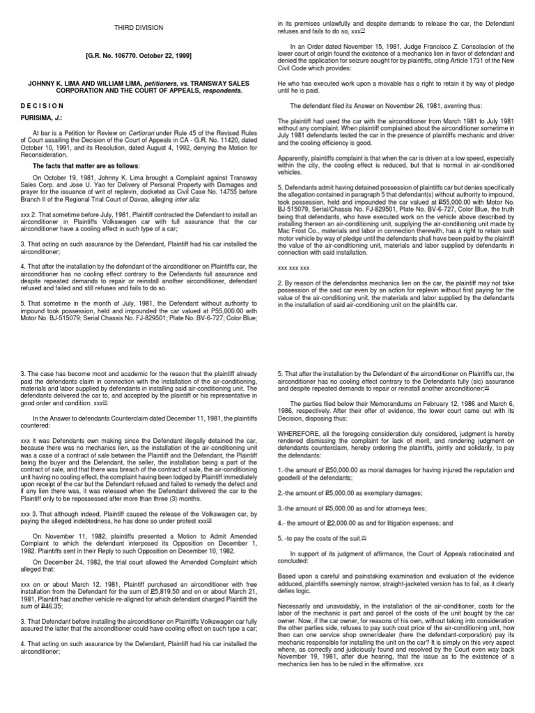 Lima vs. Transway Sales Corp. Case Summary | PDF | Lawsuit | Complaint