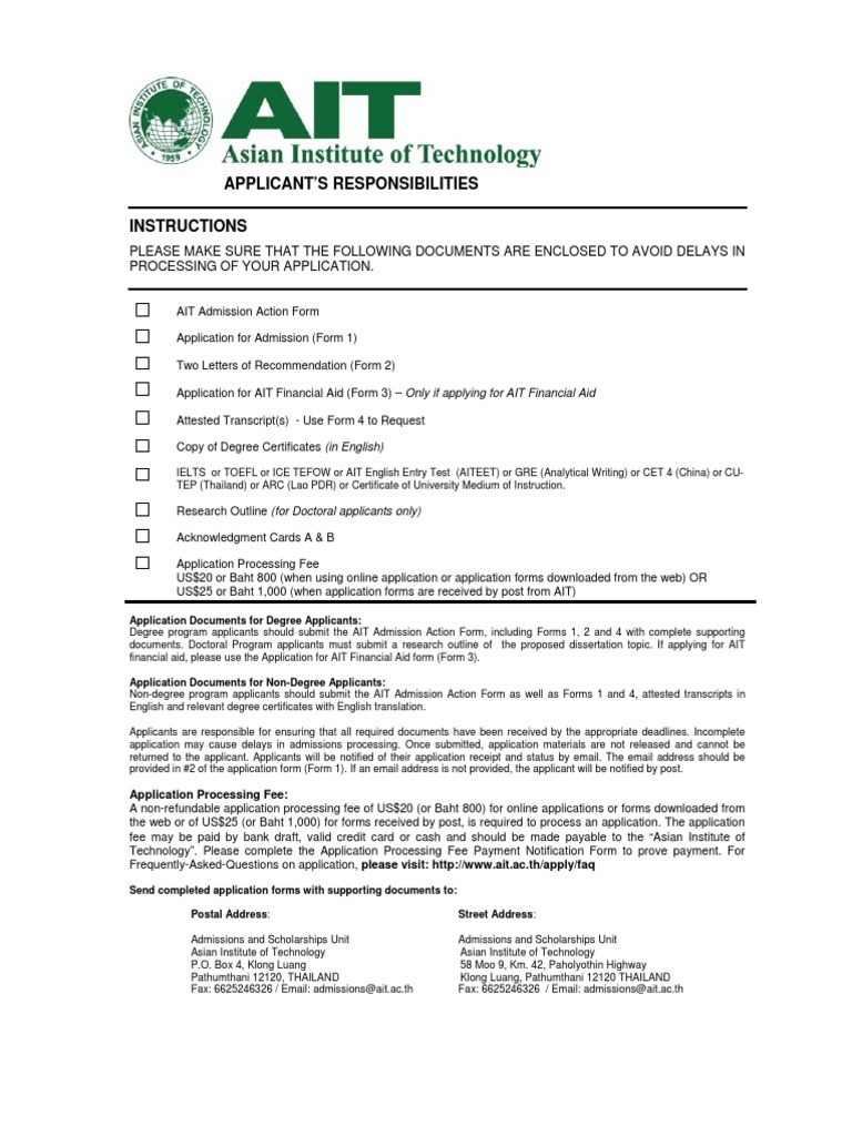 AIT Application Form 2017 | PDF | Academic Degree | Graduate School