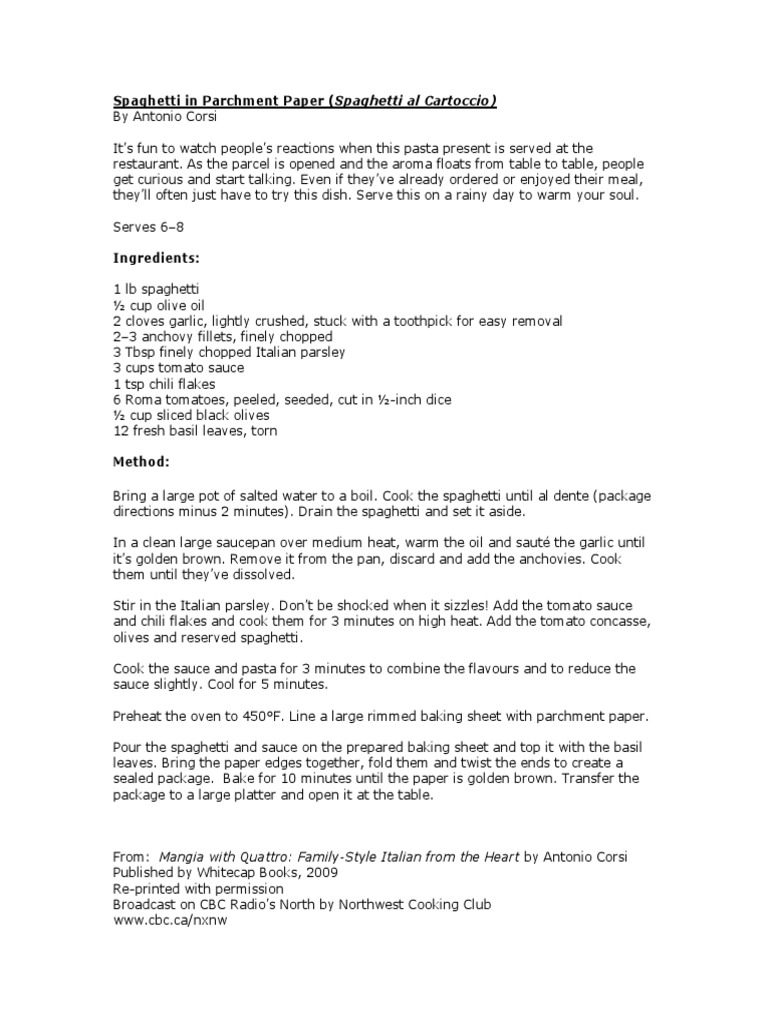 Recipes Spaghetti Parchment Paper | PDF | Spaghetti | Pasta