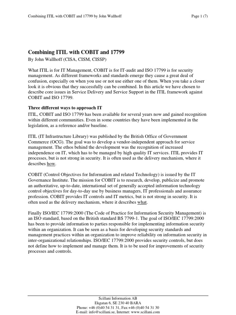 Scillani Article Combining ITIL With Cobit and 17799 | PDF Scillani Article Combining ITIL With Cobit and 17799 | PDF