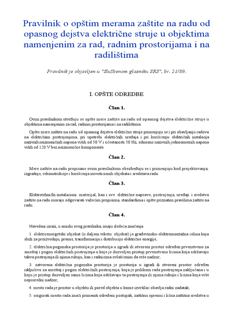 Pravilnik o Opstim Merama Zastite Na Radu Od Opasnog Dejstva Elektricne ...