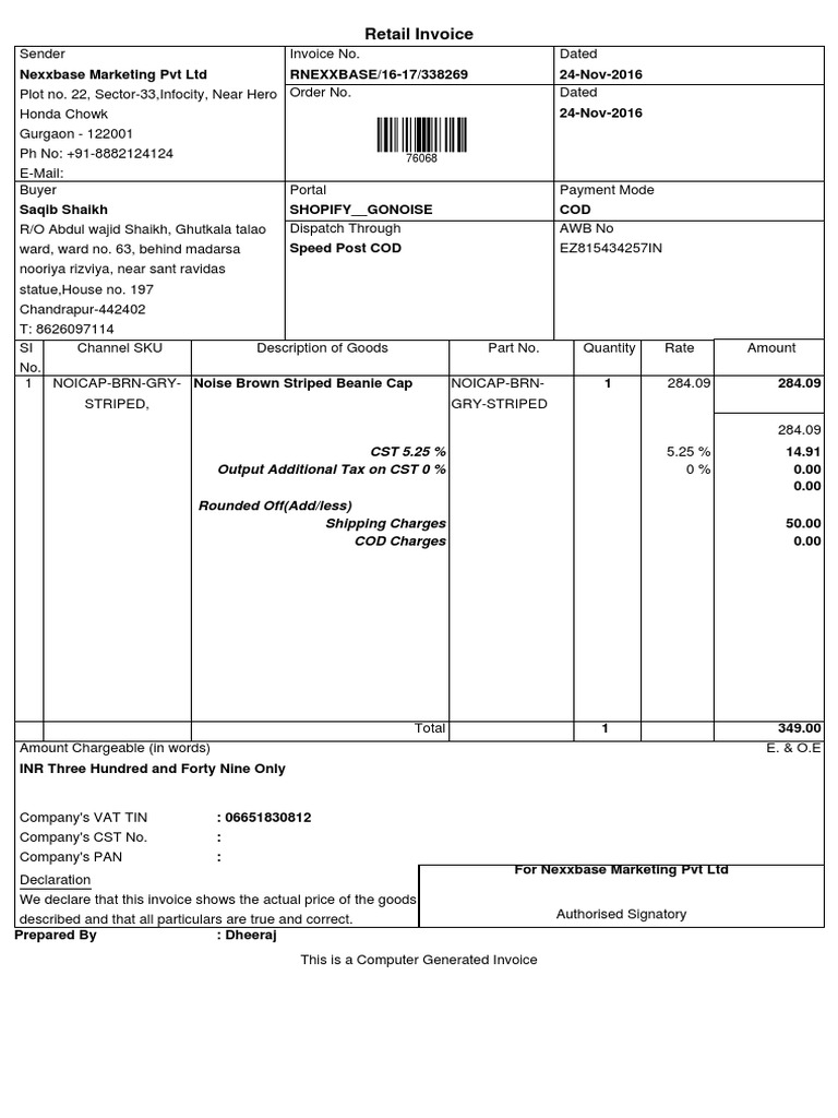 Noise Invoice for Beanie Cap Purchase | PDF | Invoice | Payments