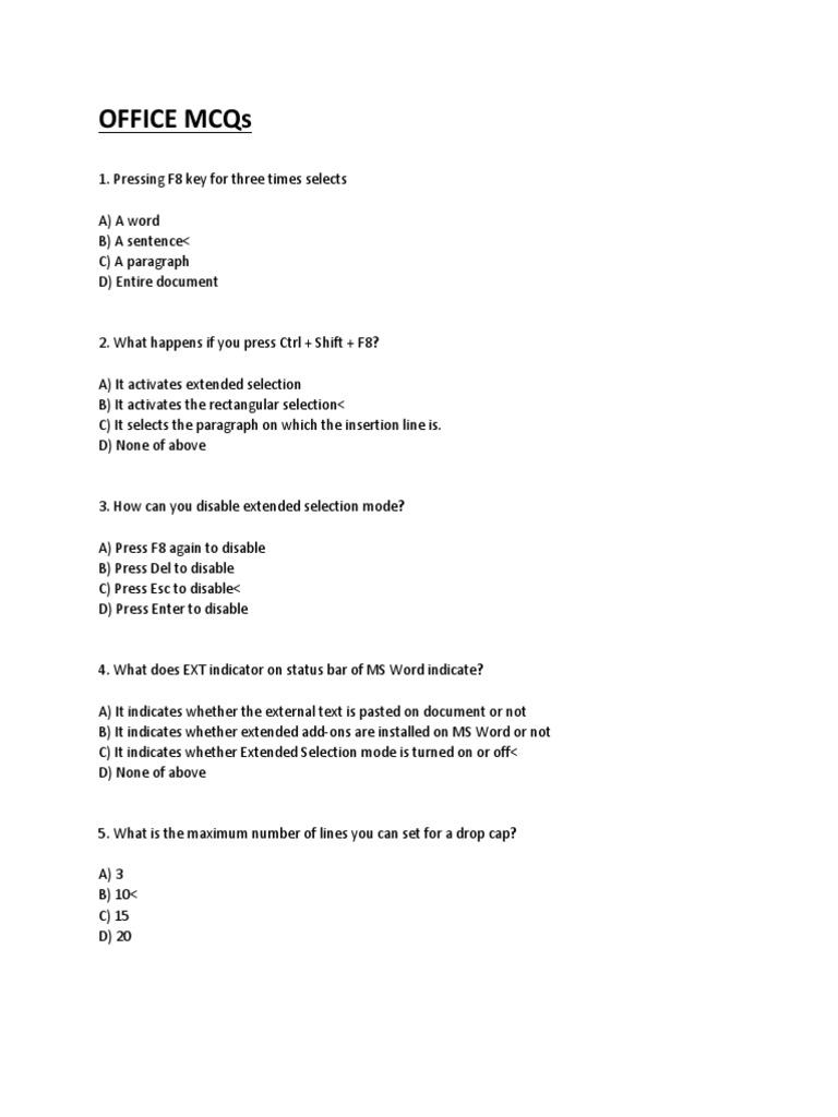 Office Mcqs Test | PDF | Microsoft Word | Typefaces