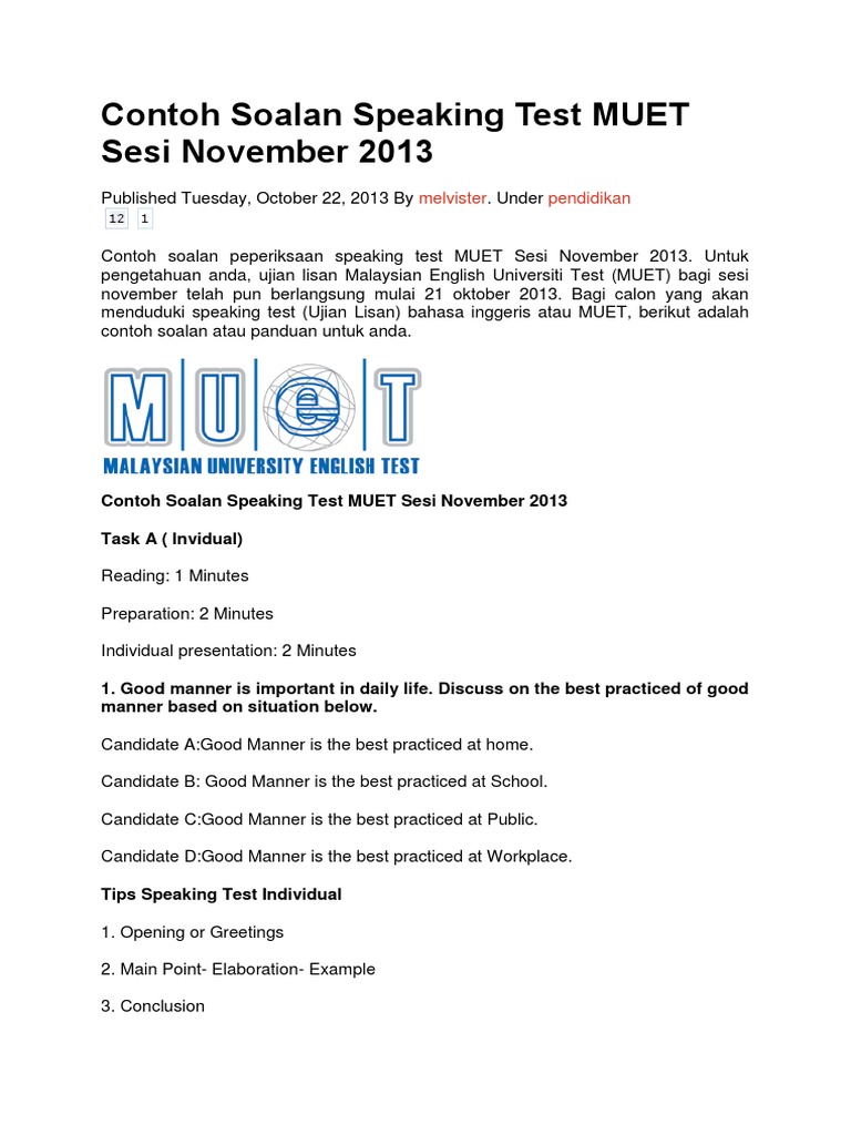 Contoh Soalan Speaking Test MUET Sesi November 2013 | PDF | Career & Growth