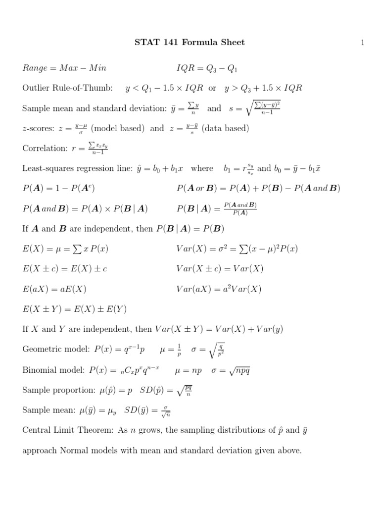 Statistics Formula Sheet | Download Free PDF | Standard Deviation ...