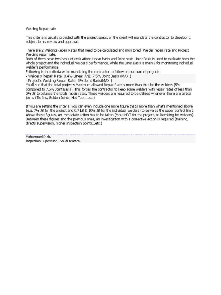 Welding Repair Rate | PDF