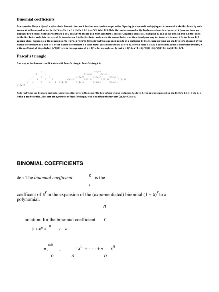 Binomial Coefficients | PDF | Number Theory | Mathematical Concepts