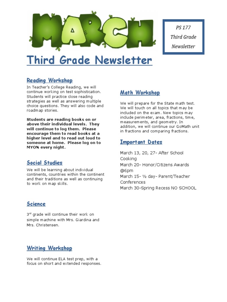 Third Grade Newsletter March | PDF