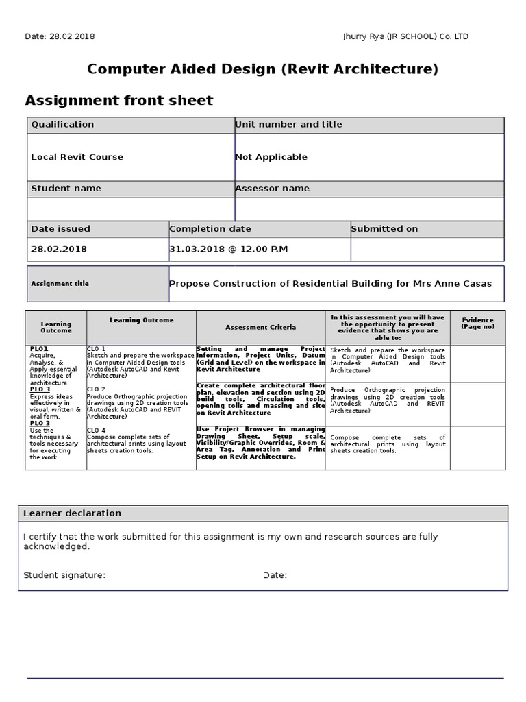Computer Aided Design (Revit Architecture) Assignment Front Sheet | PDF ...