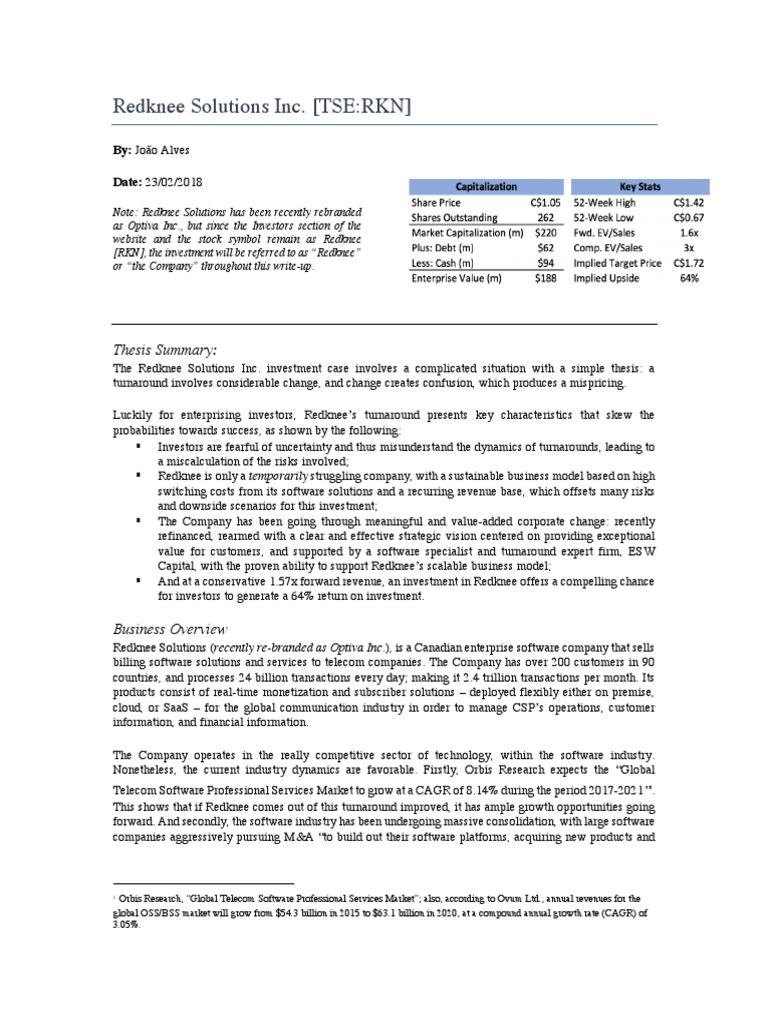 Redknee Solutions Inc. Write-Up | PDF | Investing | Stocks