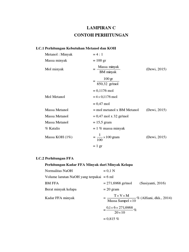 Lampiran C Contoh Perhitungan: LC.1 Perhitungan Kebutuhan Metanol Dan ...