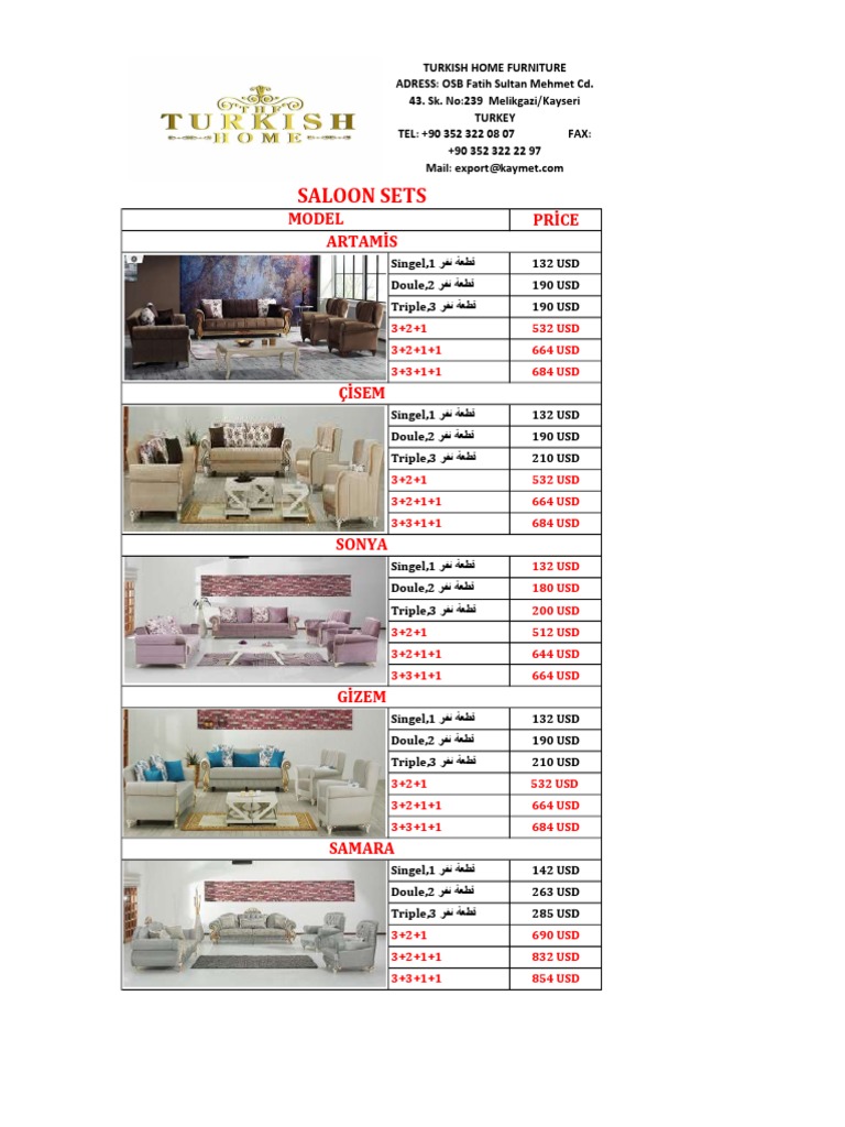 Saloon Sets: Price Artamis Model | PDF | Cooking, Food & Wine