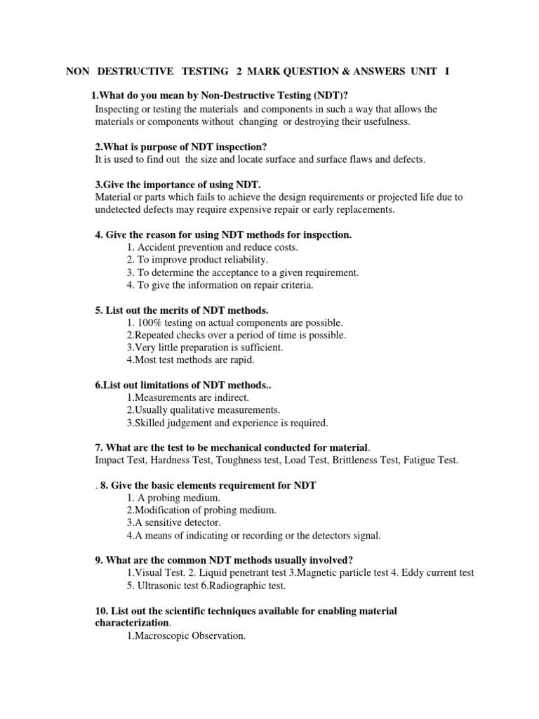 NDT 2 Mark Questions All Units | PDF | Thermography | Nondestructive ...