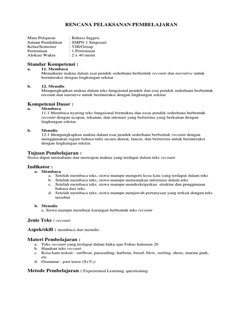Contoh RPP KTSP | PDF | Seni & Disiplin Bahasa | Kajian Bahasa Asing