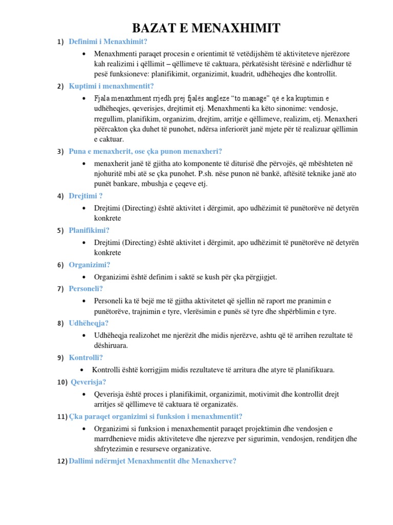 Bazat e Menaxhimit Pyetje-Pergjigjje | PDF