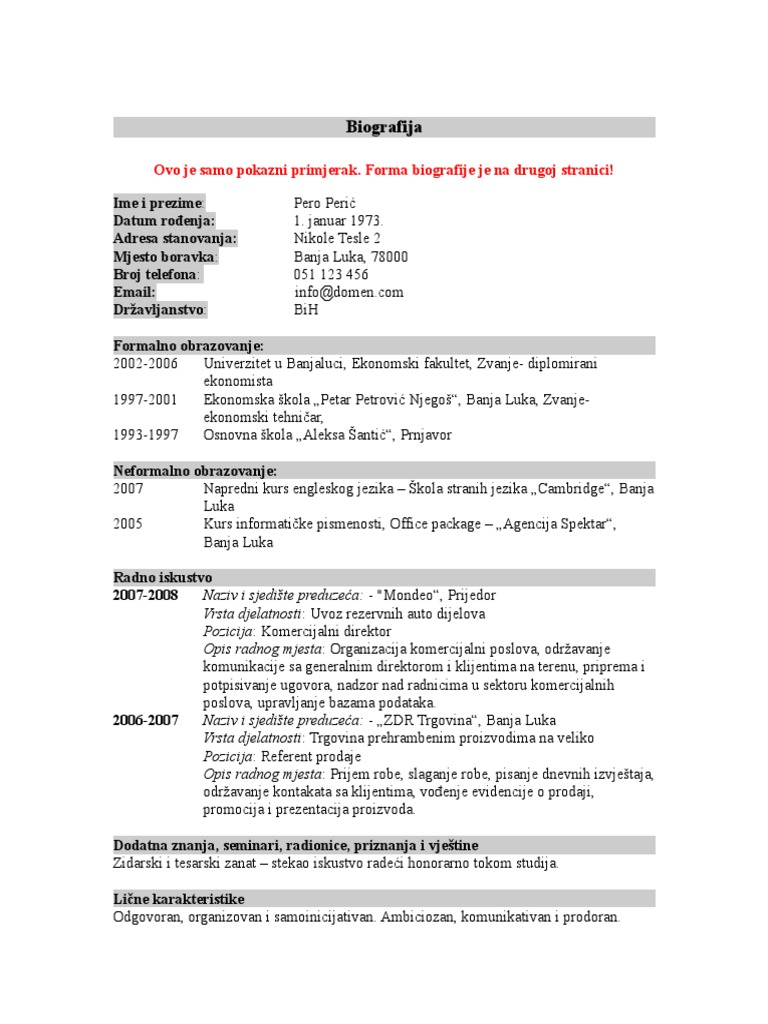 CV Obrazac Forma | PDF