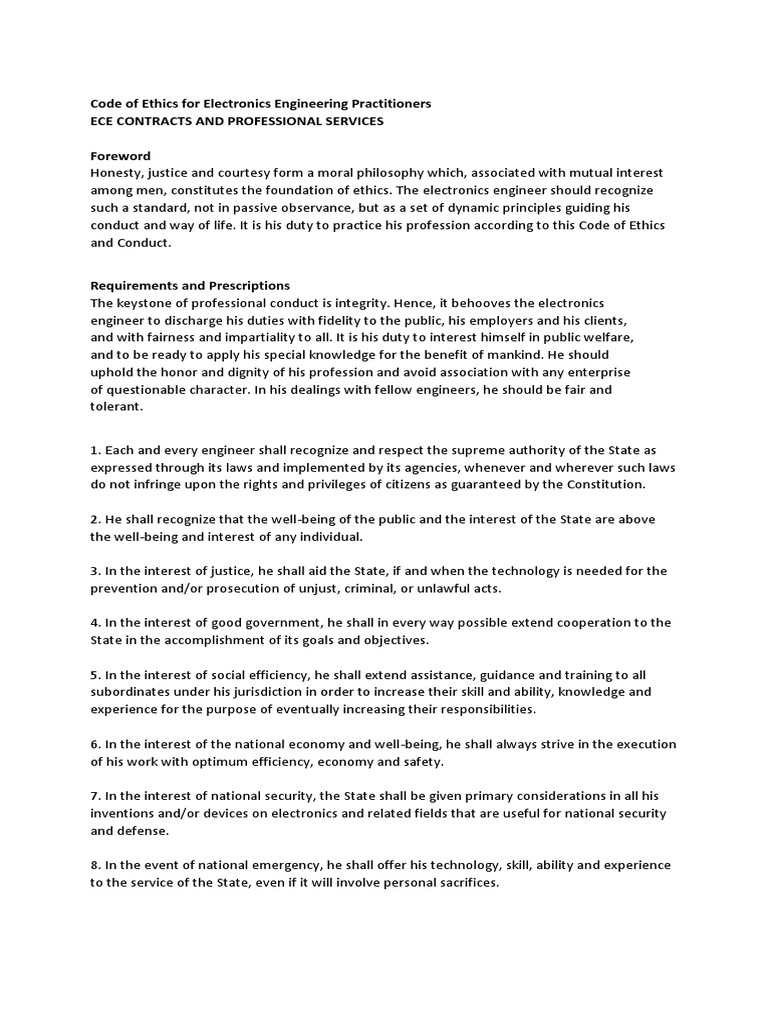 Code of Ethics For Electronics Engineering Practitioners | PDF ...