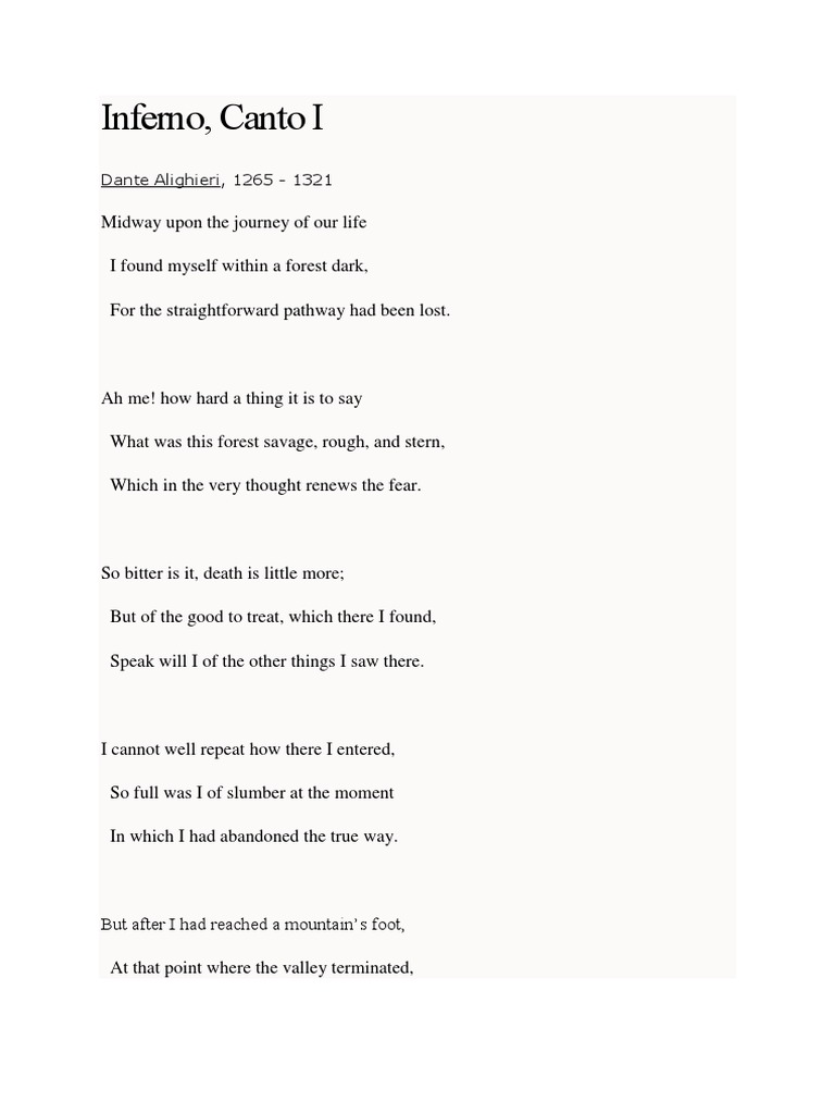 Inferno, Canto I: Dante Alighieri, 1265 - 1321 | PDF | Poetry