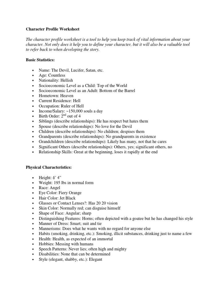 Character Profile Worksheet | PDF | Heaven | Extraversion And Introversion