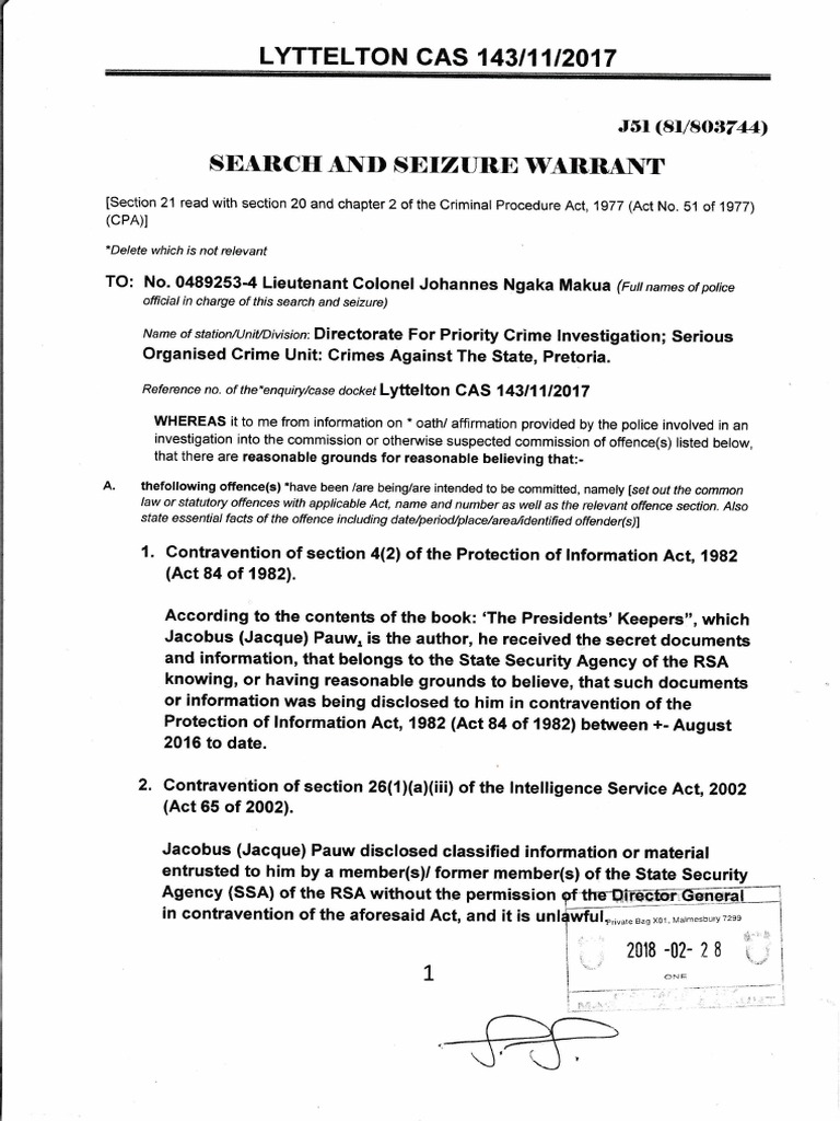 Jacques Pauw Search and Seizure Warrant | PDF | Search Warrant ...