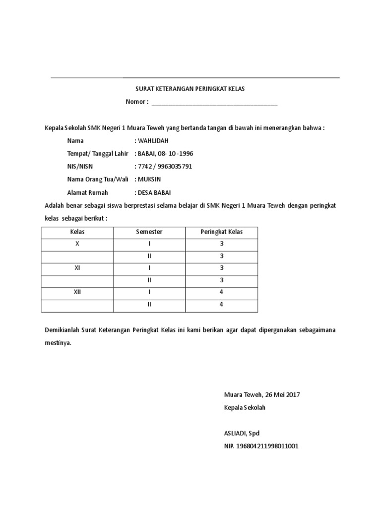 Surat Keterangan Peringkat Kelas | PDF