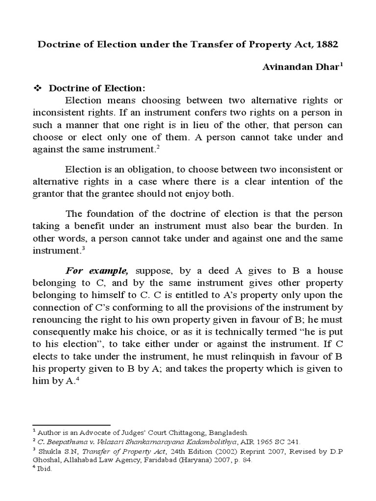 Doctrine of Election Under The Transfer of Property Act, 1882 Avinandan Dhar | PDF | Will And ...