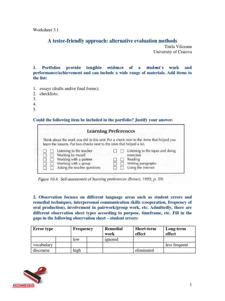 Alternative Evaluation - Worksheet 3.1 | PDF