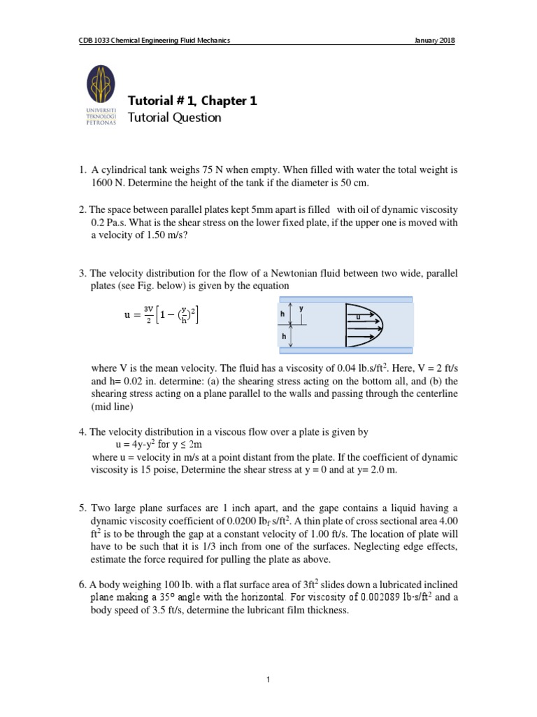 Tutorial 1 Chapter 1 | PDF | Shear Stress | Fluid Mechanics