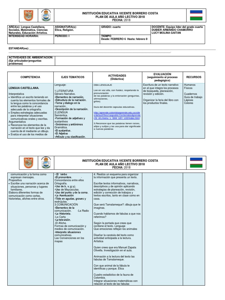 Plan de Aula Primer Periodo Grado Cuarto Integrado | PDF | Democracia ...