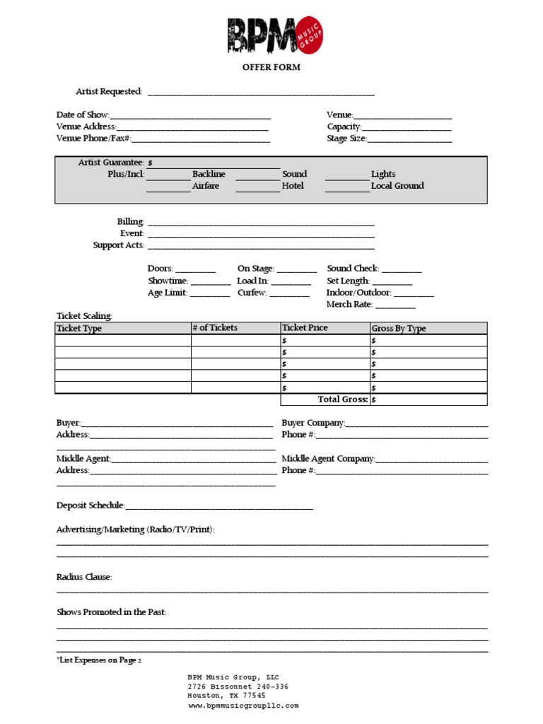 Artist Booking Offer Sheet Template | PDF | Business