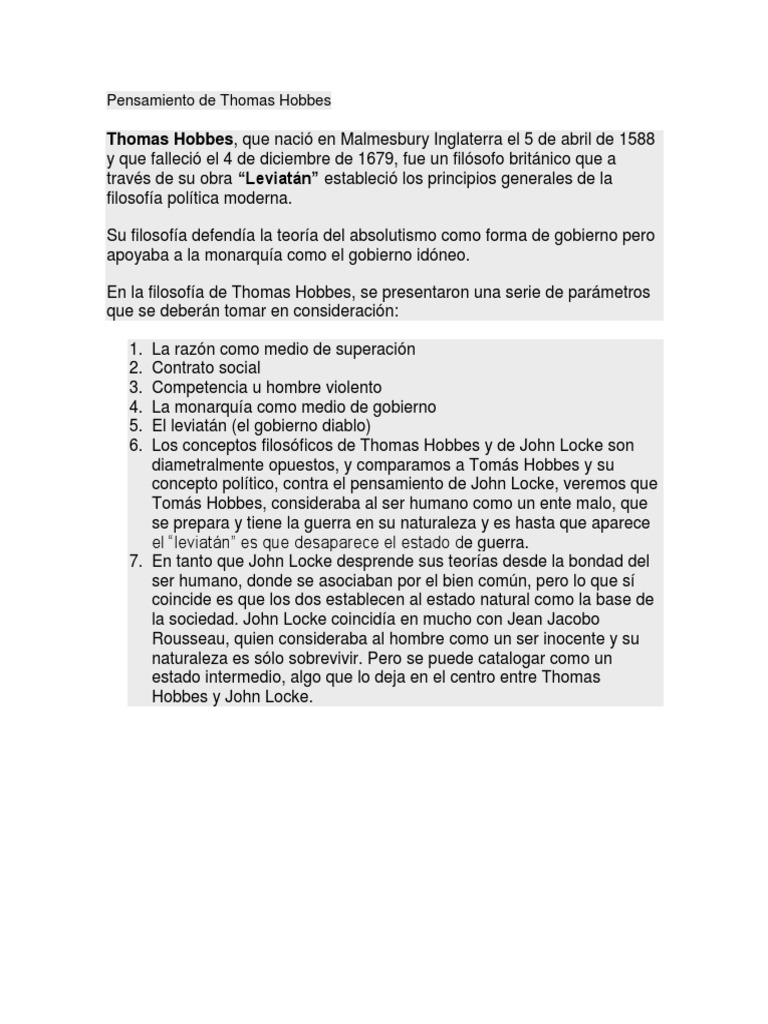 Pensamiento de Thomas Hobbes | PDF