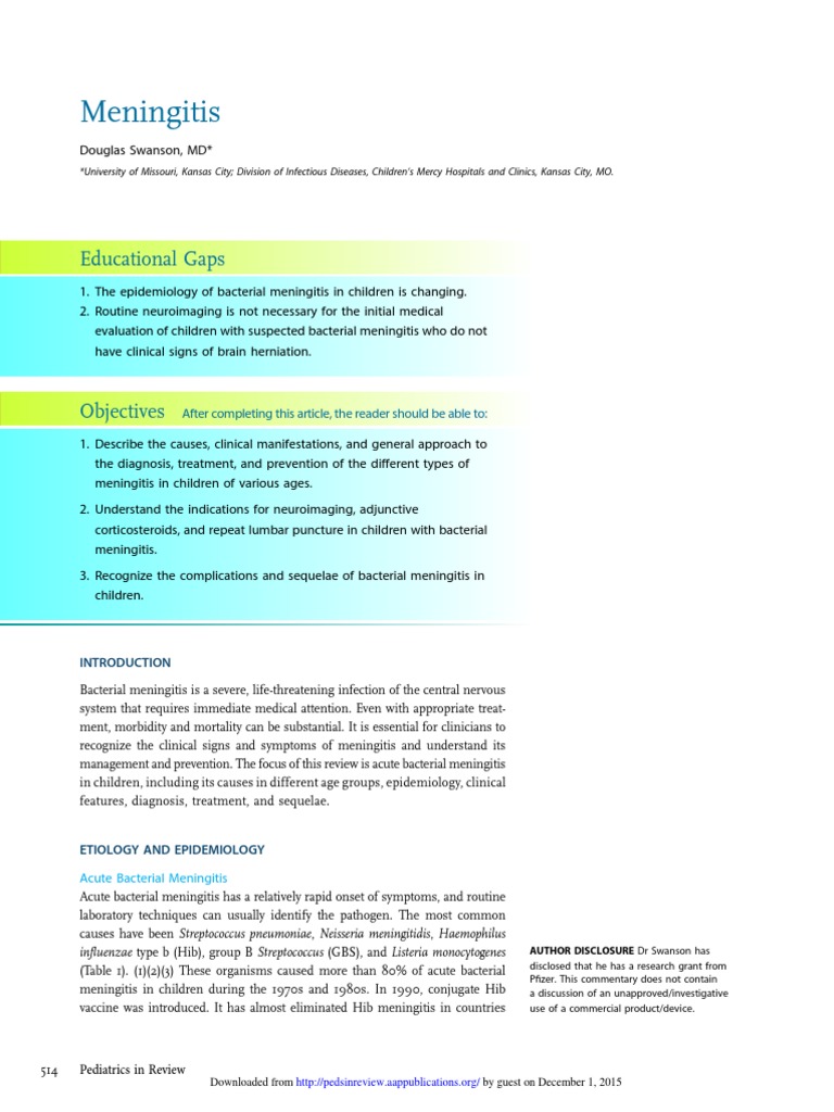 Meningitis (Pediatr Rev, 2015) | PDF | Meningitis | Infection