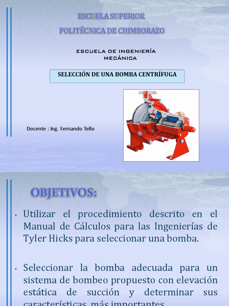 Ejemplo Seleccion de Bomba para Agua | PDF | Bomba | Hidráulica