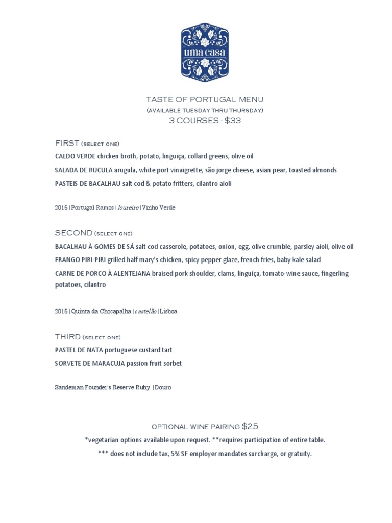 Taste of Portugal Menu 3 COURSES - $33: (Available Tuesday Thru ...