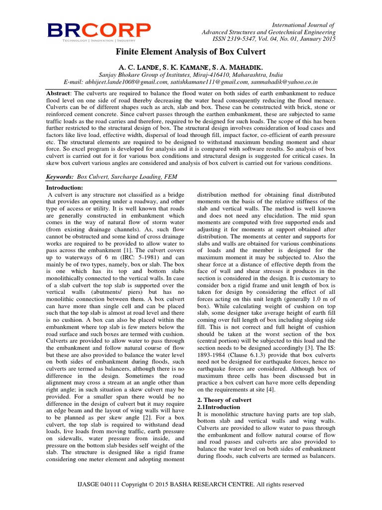 Finite Element Analysis of Box Culvert: A. C. L, S. K. K, S. A. M | PDF | Numerical Analysis ...