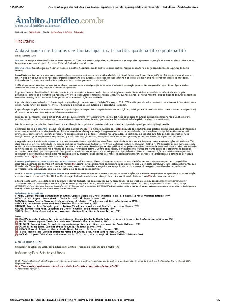 A Classificação Dos Tributos e As Teorias Bipartite, Tripartite ...
