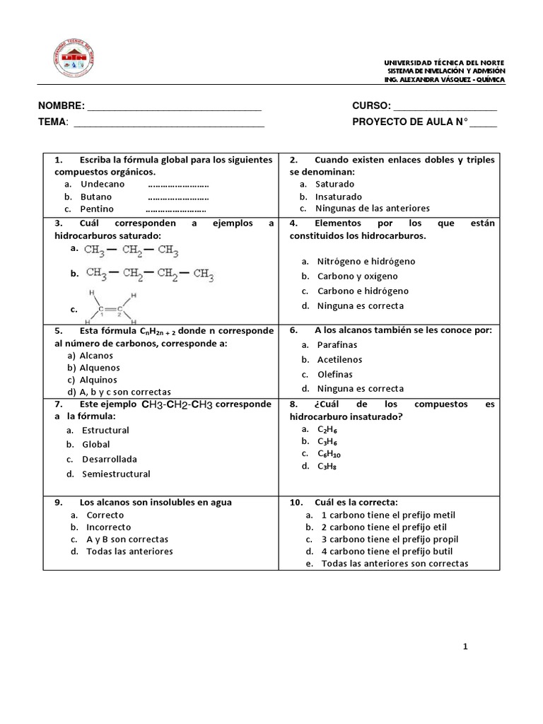 Proyecto De Aula 11 Alcanos Alquenos Y Alquinos 1 Pdf Alcano Alqueno