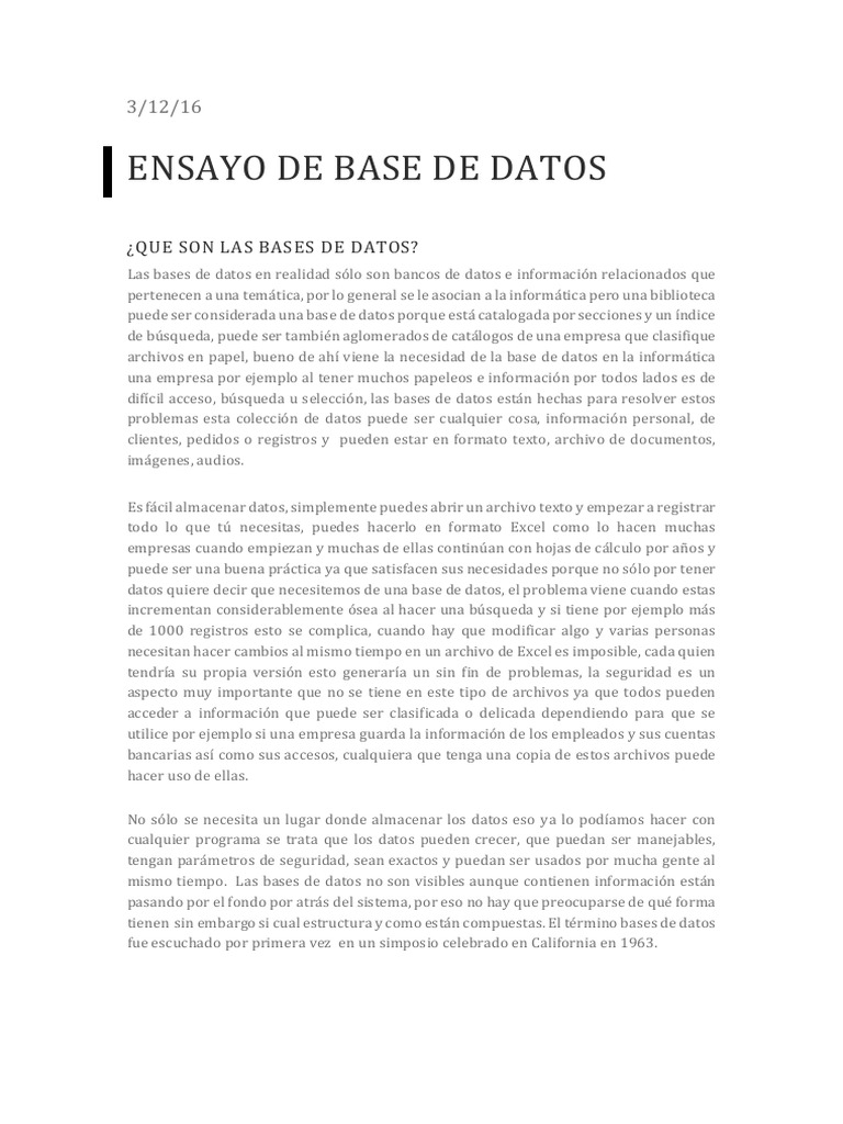 Ensayo Base de Datos | PDF | Base de datos relacional | Bases de datos