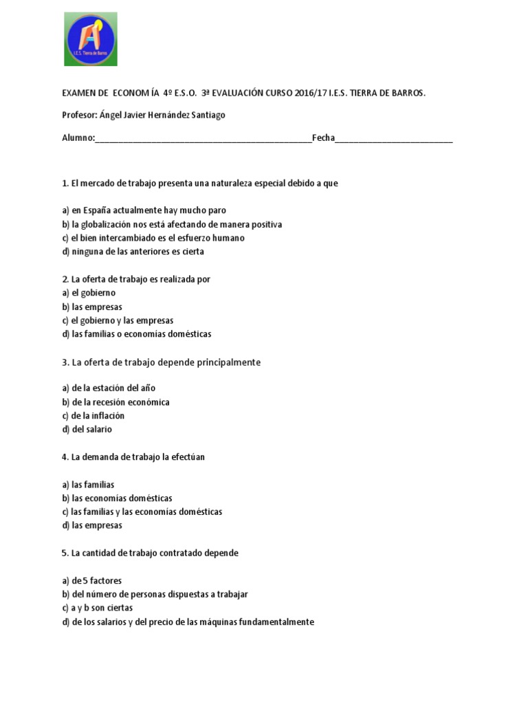 EXAMEN de Economia 4 | PDF | Desempleo | Ciencias sociales