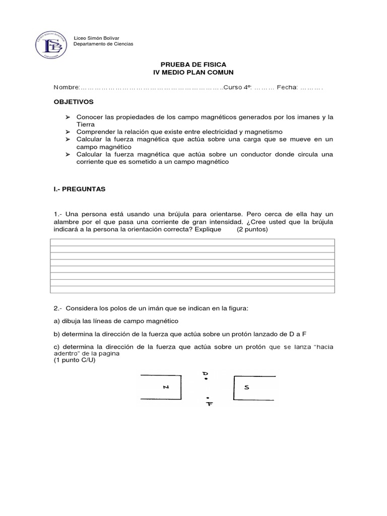 Prueba de Magnetismo para 4º Grado | PDF | Magnetismo | Corriente eléctrica