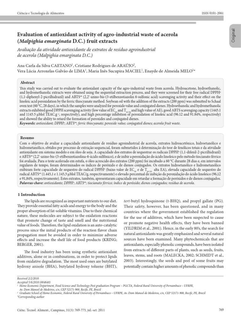 A34v31n3evaluation of Antioxidant Activity of Agro-Industrial Waste of Acerola | PDF ...