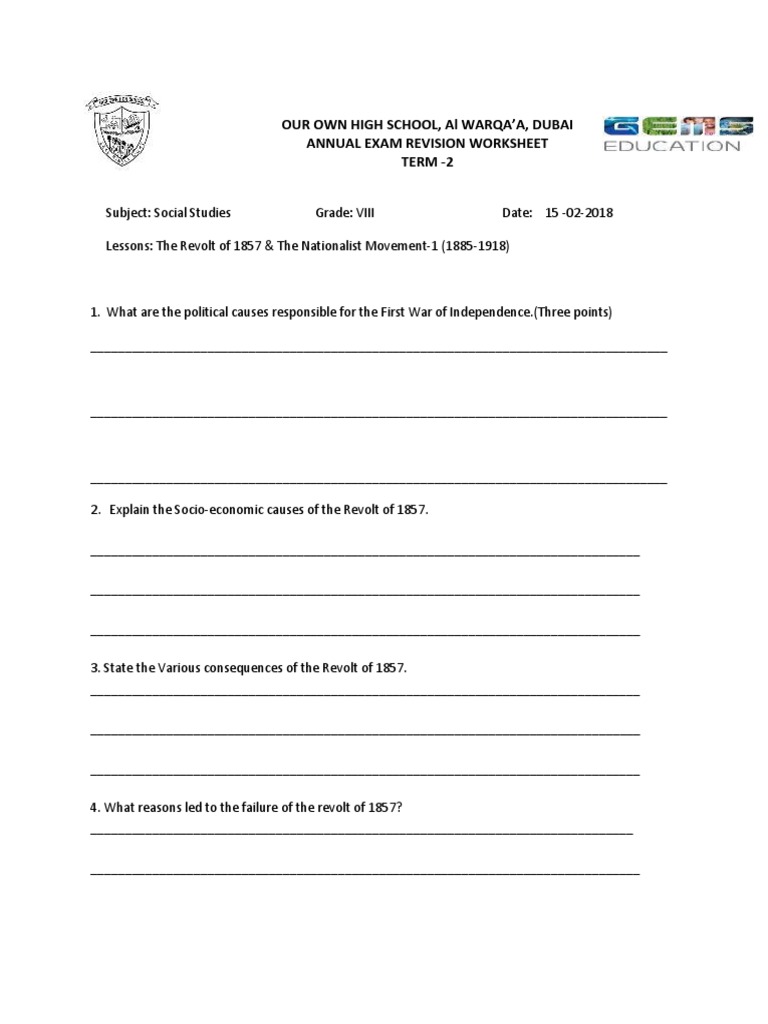 (11886) Annual Exam Revision Worksheet Revolt 1857 Nationalist Movement ...