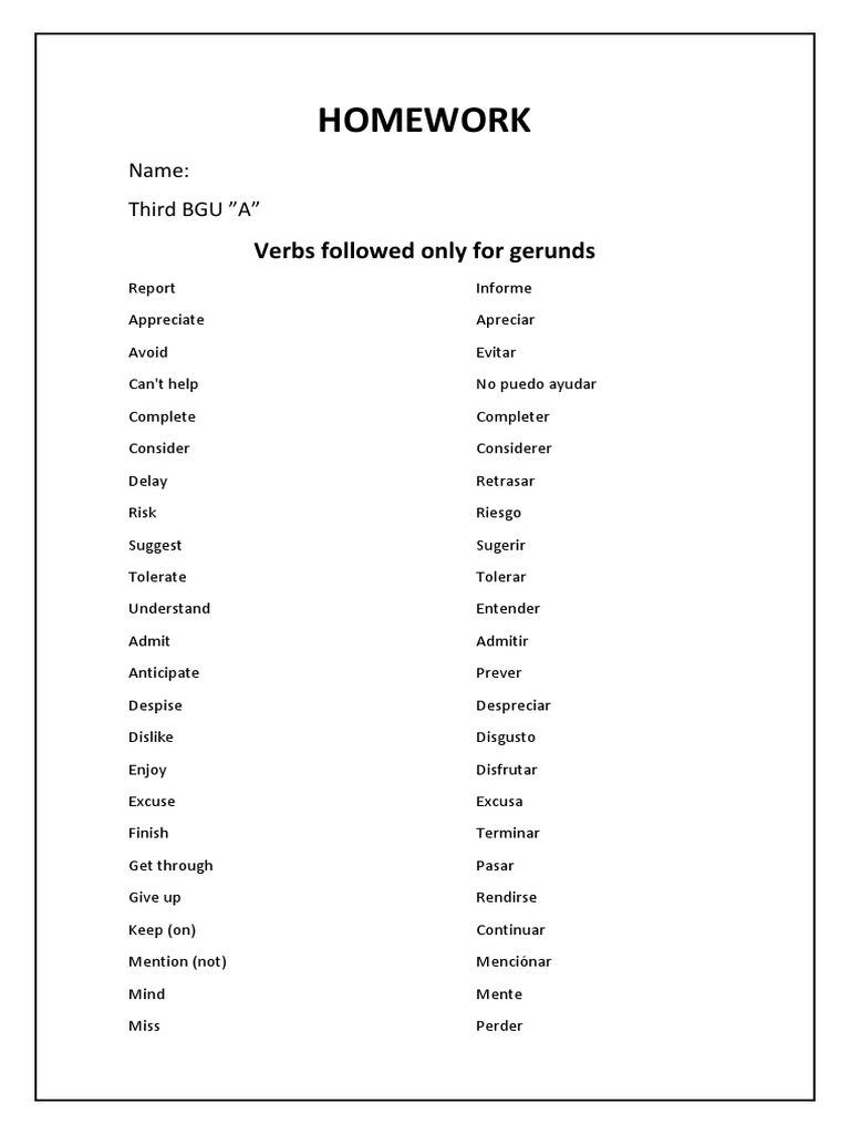Homework: Verbs Followed Only For Gerunds | PDF | Syntax | Grammar