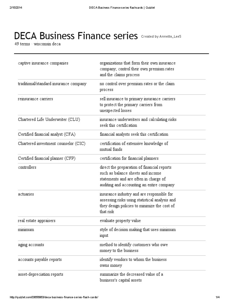 DECA Business Finance Series Flashcards - Quizlet | PDF | Insurance ...