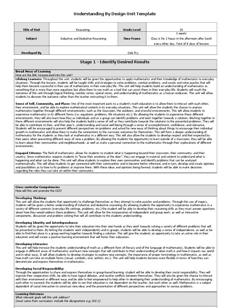 Understanding by Design Unit Template | PDF | Educational Assessment ...