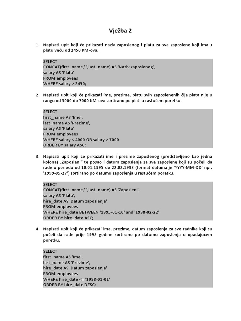 Vjezba 2 - SELECT Upiti - Rjesenje | PDF