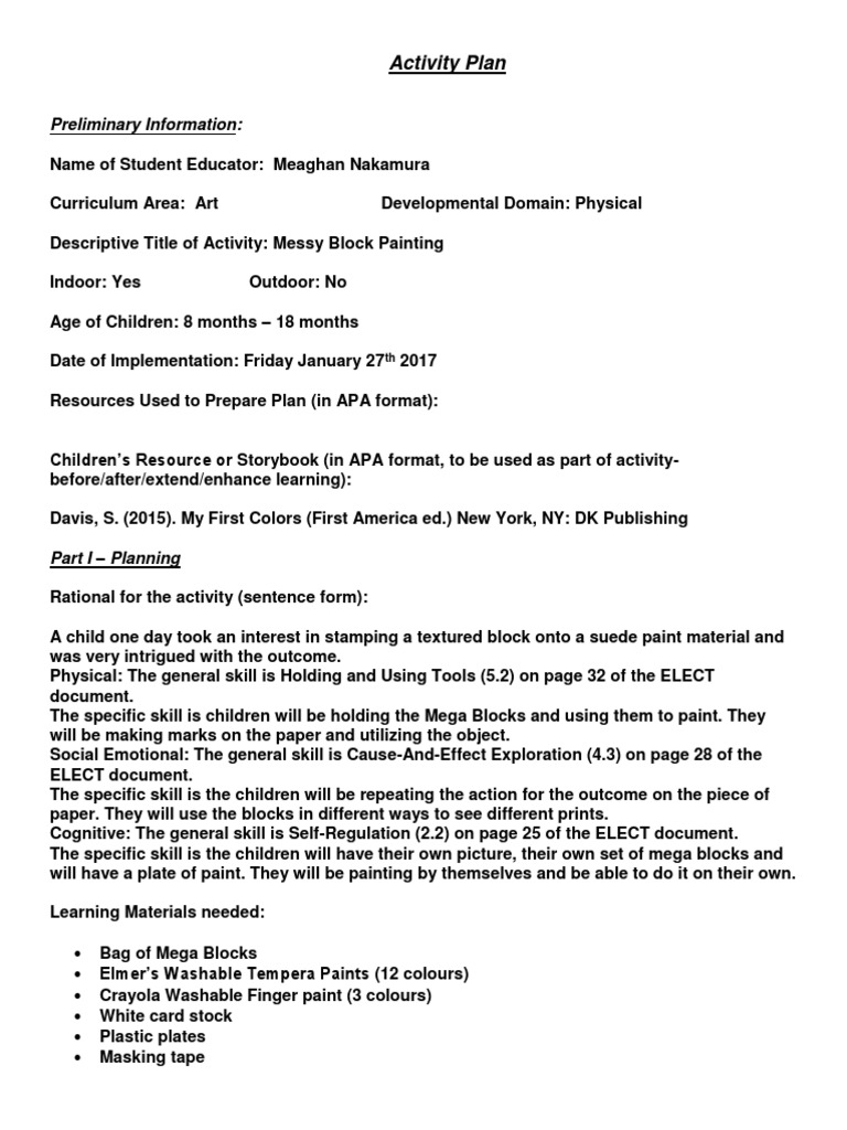 Art Sensory Activity Plan | PDF | Change | Cognition