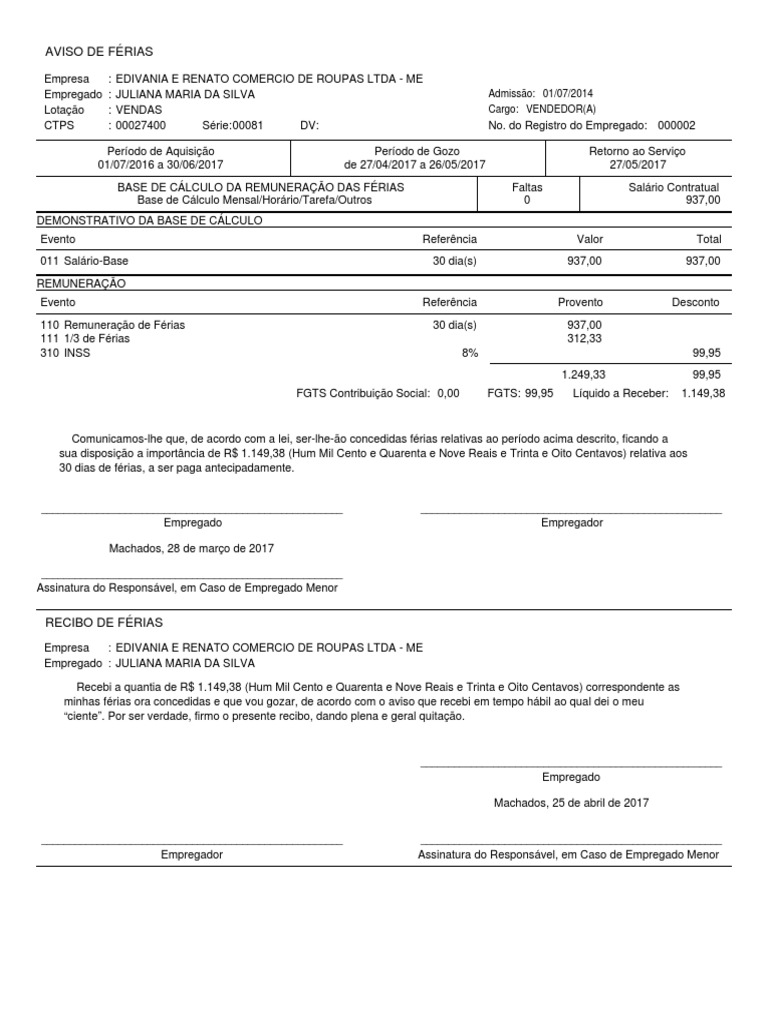 Modelo de Aviso e Recibo de Férias | Banco de Horas | Business