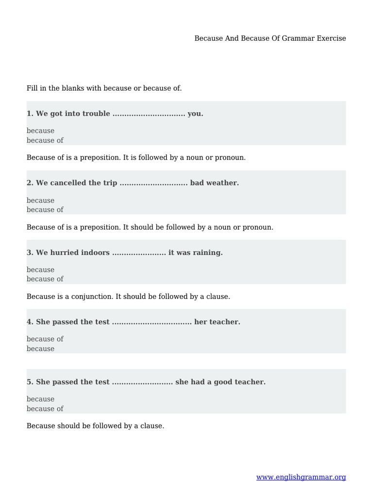 Because vs Because Of Exercises | PDF | Pronoun | Languages